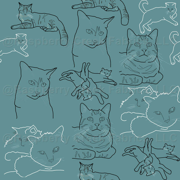 Cats Line Art in Slate Blue - Raspberry Creek Fabrics