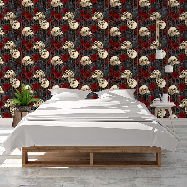 Raven's secret. Dark and moody gothic illustration with human skulls a ...