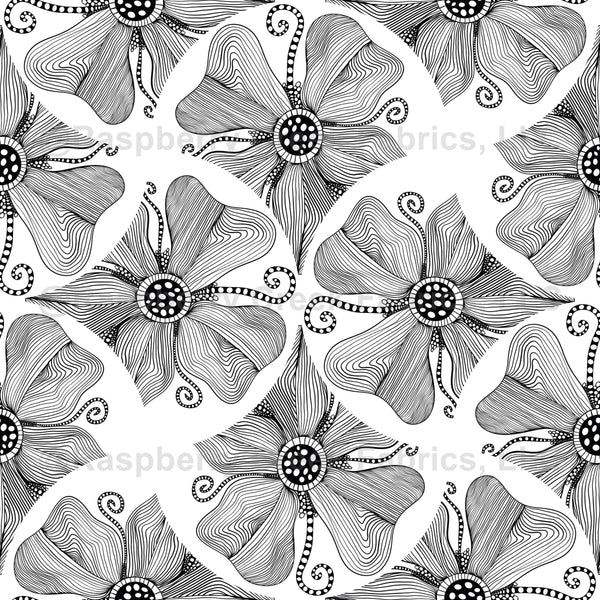 Monochrome Topography Flower Tangle Art Deco Fans - Raspberry Creek Fabrics