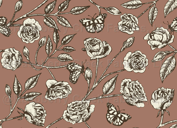 Roses in bloom - a trailing floral with roses and butterflies in mocha ...