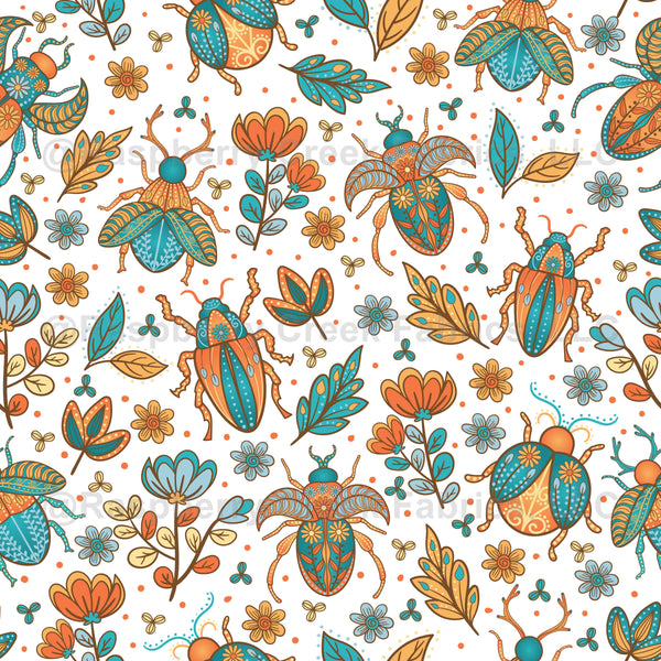 bugs batik beetle doodle white background - Raspberry Creek Fabrics