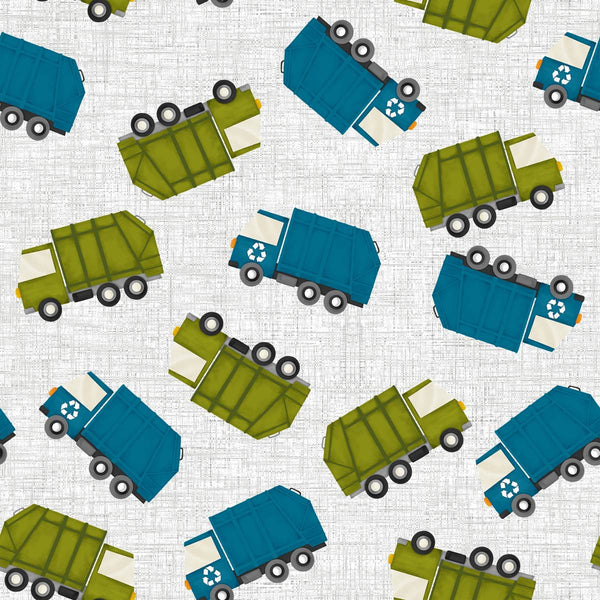 Grey Azure Blue and Deep Lime Garbage Truck Print Fabric, Scandi Cars ...