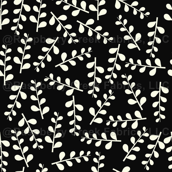Black background with off white, leaves and stems-Geo doodle collectio ...