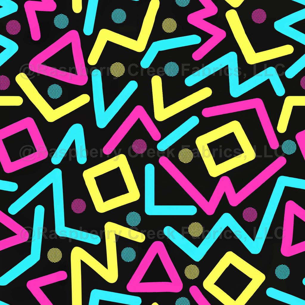 Groovy 90s - Retro neon shapes in pink, yellow and blue over a black b ...