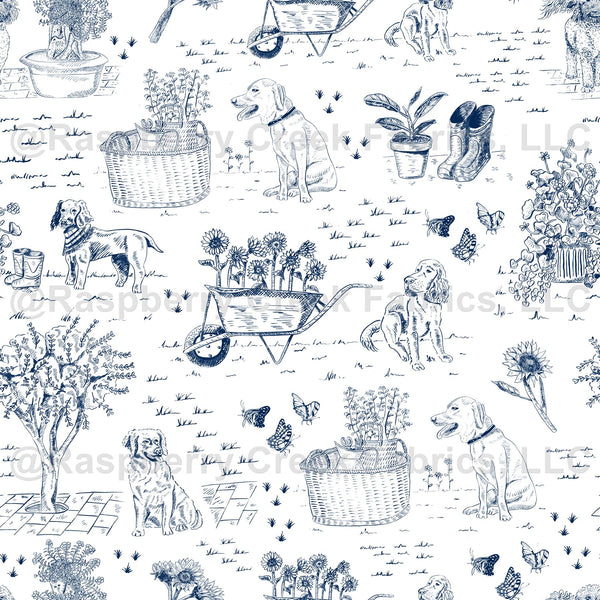 Dogs in the garden (blue on white) - Toile de Jouy fabric - Raspberry ...