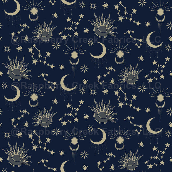 Midnight Blue Celestial Design With Moons And Stars - Raspberry Creek ...