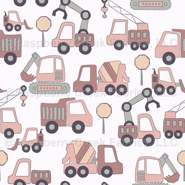 Blush Pink and Purple Construction Vehicles - Raspberry Creek Fabrics