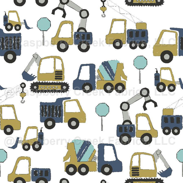 Blue and Chartreuse Green Construction Vehicles - Raspberry Creek Fabrics