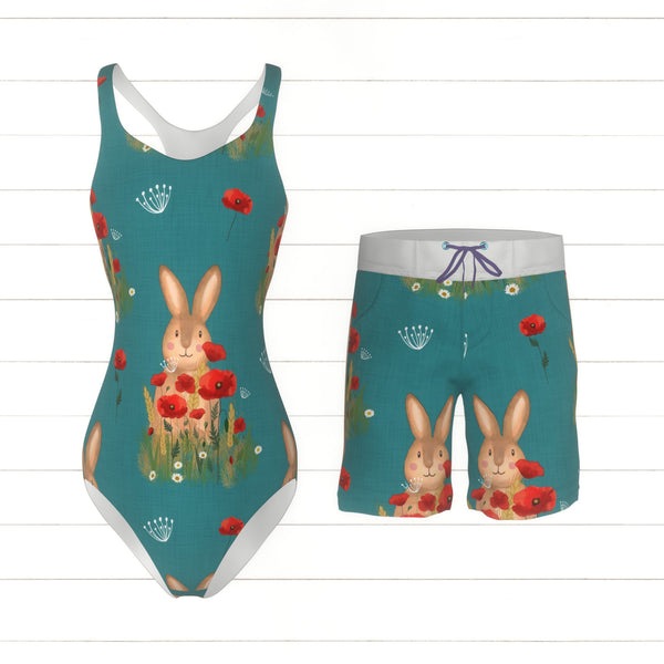 “Poppy” cute rabbit design with poppies and wild flowers on a turquois ...