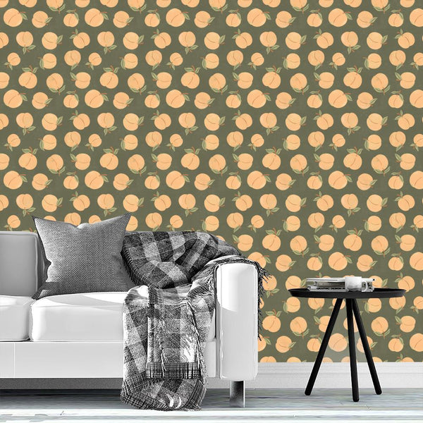 Hand-Drawn Peach Pattern – Warm Fruit Design on Deep Moss Green ...