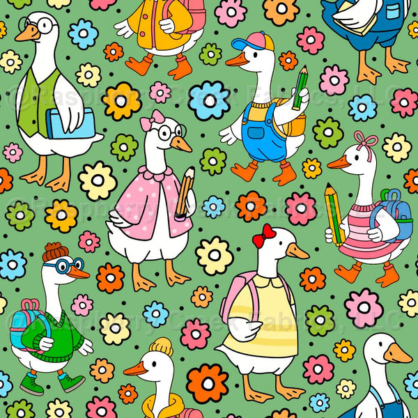Silly Goose Back to School Geese Green - Raspberry Creek Fabrics