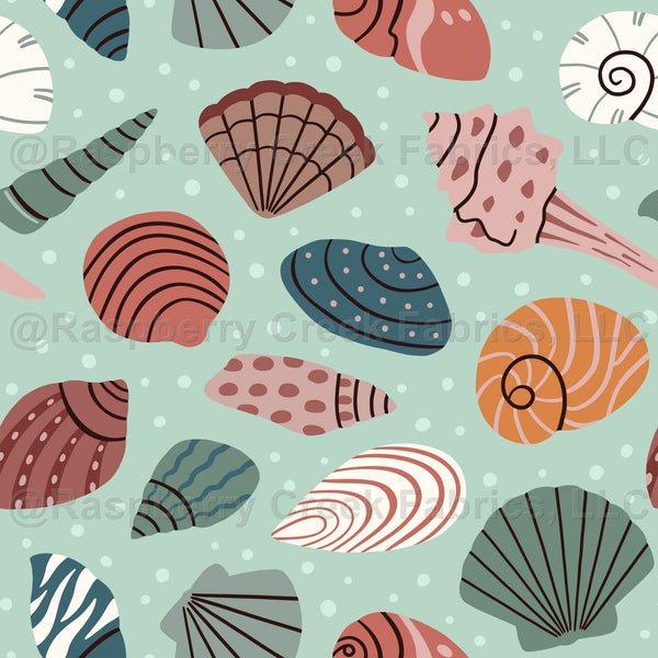 Seashell collection green - sea shells doodle pattern - Raspberry Creek ...