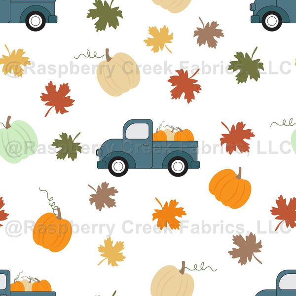 Autumn Harvest Blue Truck; Blue truck, pumpkins and fall leaves on whi ...