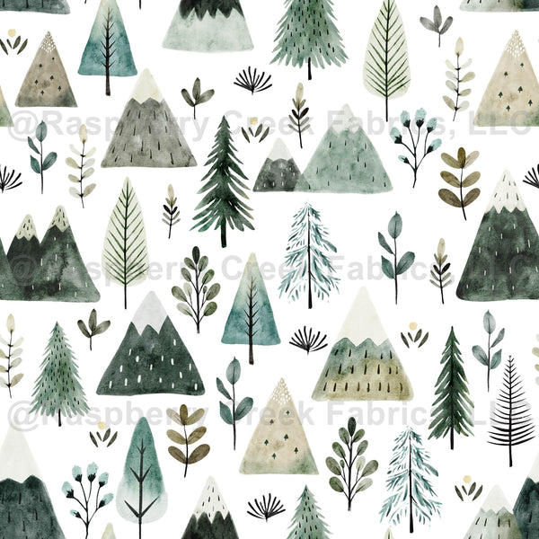Watercolor mountains in white - woodland winter wonderland - hand draw ...