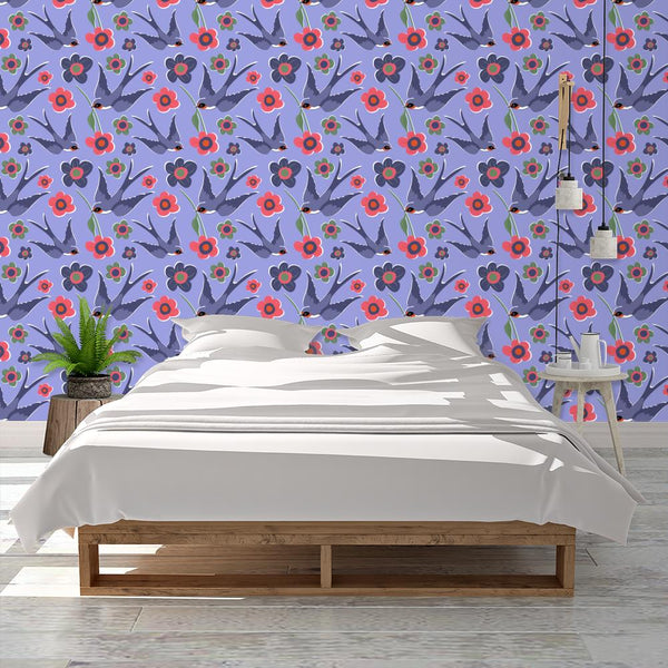 Swallow bird with flowers on purple - Wallpaper - Raspberry Creek Fabrics