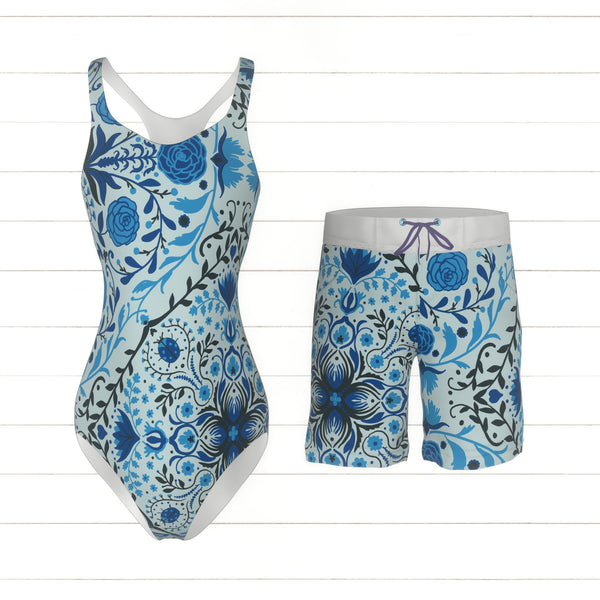 Pantone Ultra-Steady: Blue floral tiles - Raspberry Creek Fabrics