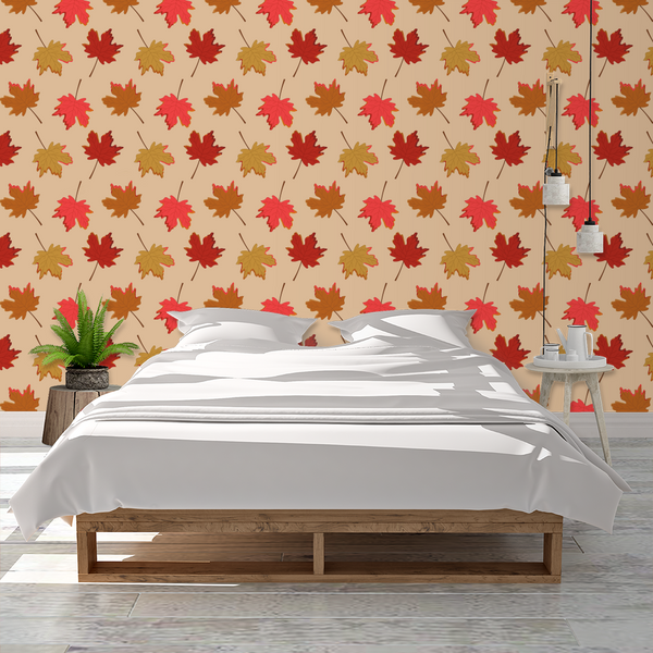 Large Scale Maple Leaves Toss on Tan Wallpaper - Raspberry Creek Fabrics