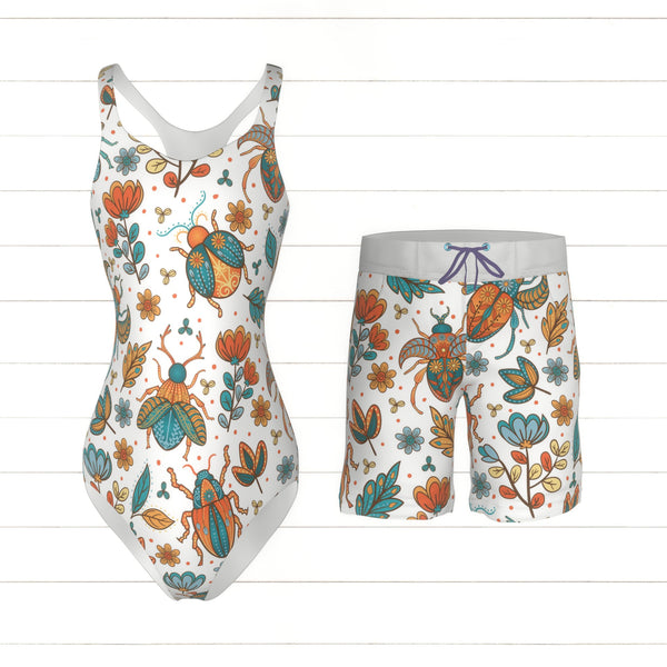 bugs batik beetle doodle white background - Raspberry Creek Fabrics