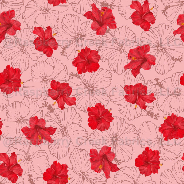 Big Watercolour Hibiscus Pattern Red And Pink - Raspberry Creek Fabrics