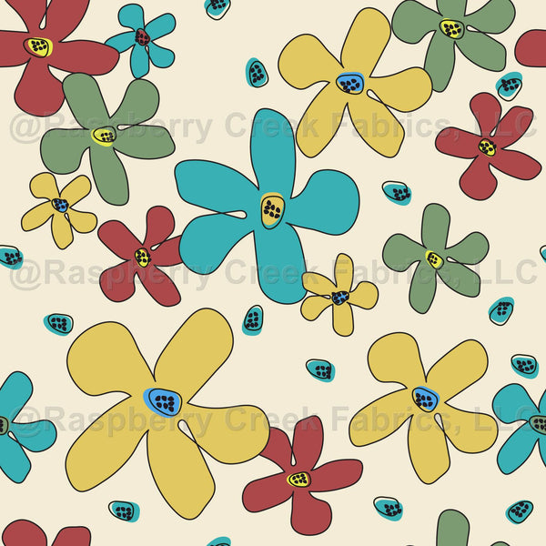 Outlined daisies on light background - Raspberry Creek Fabrics