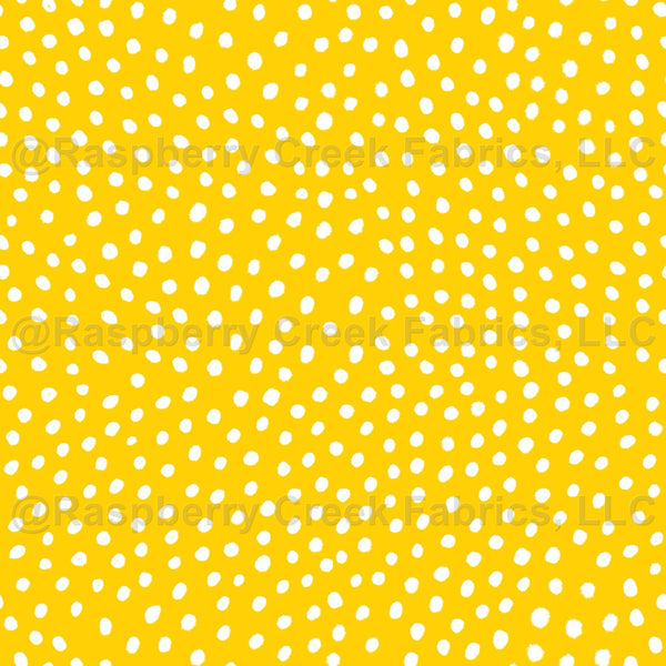 White spotty dots on bright sunshine yellow - Raspberry Creek Fabrics