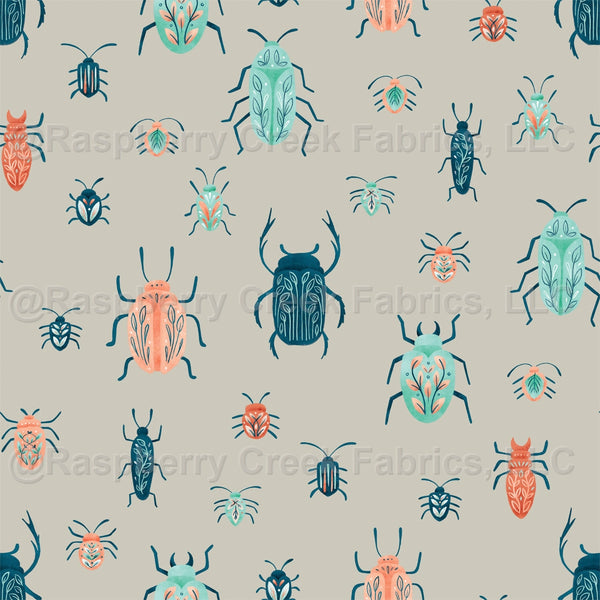 Teal Mint Coral and Stone Bug Print Fabric, Bugs N Butterflies by ...