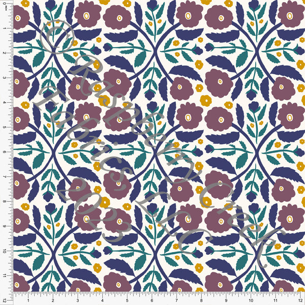 Dusty Purple Cobalt Teal and Mustard Retro Floral Print Rayon Challis ...