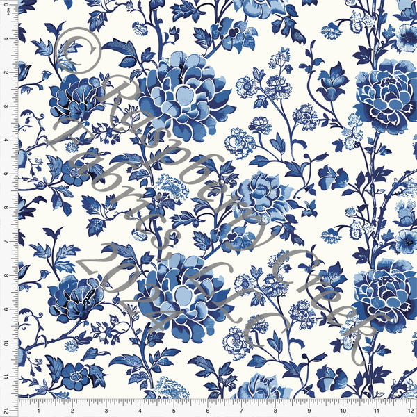 Tonal Royal Navy Light Blue and Cream Block Print Floral Rayon ...