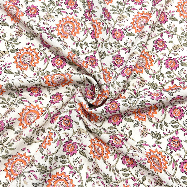 Orange Pink Green and Cream Block Print Paisley Stretch Crepe, CLUB ...