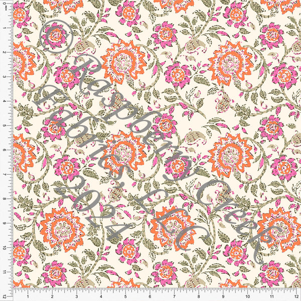 Orange Pink Green and Cream Block Print Paisley Stretch Crepe, CLUB ...