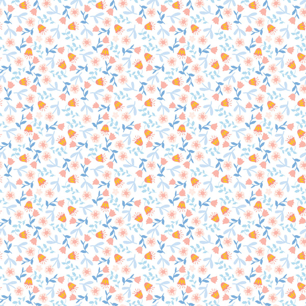 Tonal Coral Blue and Yellow Ditsy Floral Fabric, Hop Into Spring By Di ...