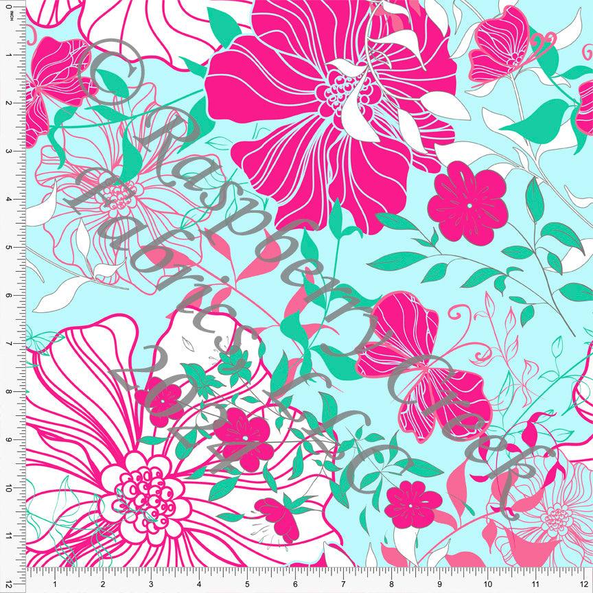 Light Blue Seafoam and Fuchsia Large Tropical Floral Print Fabric ...