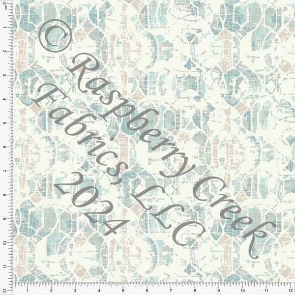 Dusty Blue Khaki Cream and Mint Weathered Geometric Print Rayon - Raspberry Creek Fabrics