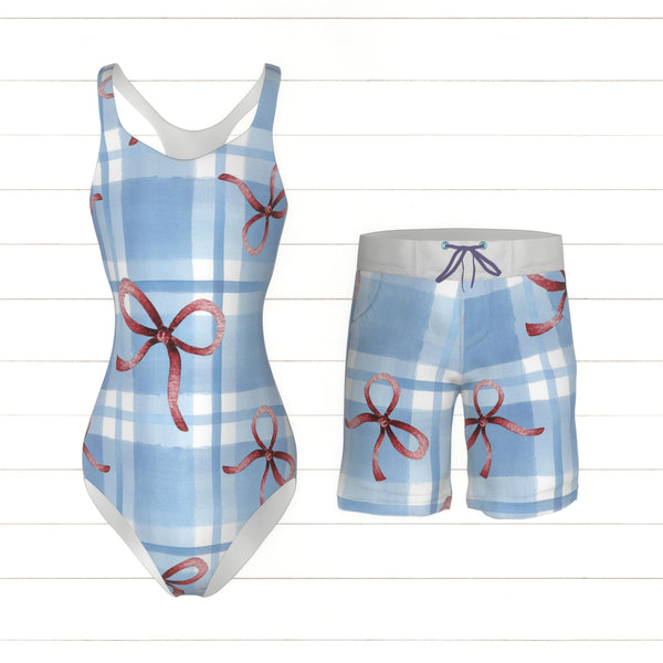 Soft Blue Stripes and Bow - Plaid, Check, Gingham - French Country - R - Raspberry Creek Fabrics