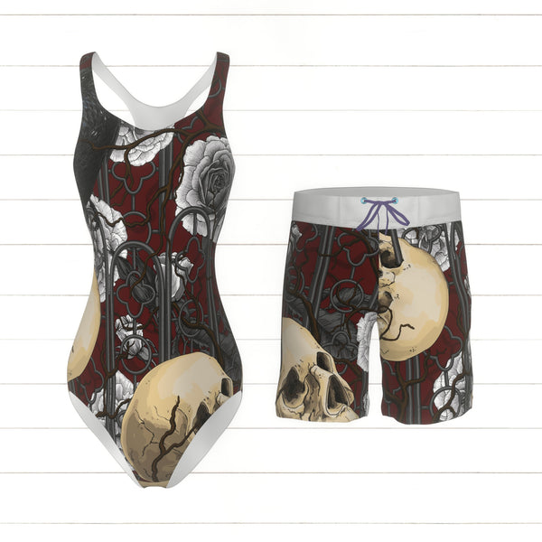 Raven's secret. Dark and moody gothic illustration with human skulls a ...