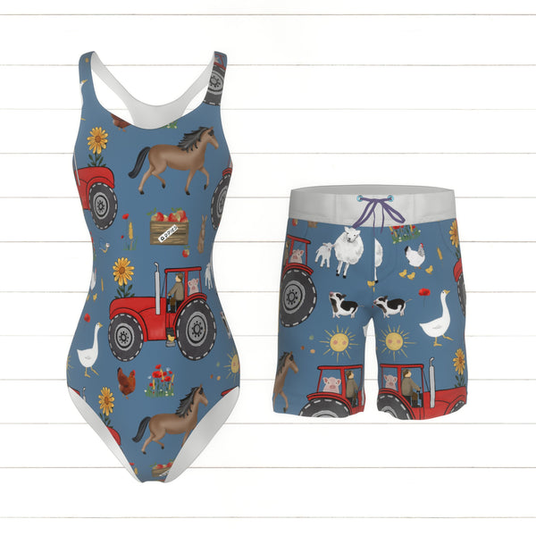 Colourful farm design featuring a red tractor and farmyard animals on ...