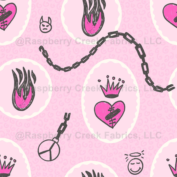 Girly punk rock pink breaking heart and fire oval badge - Raspberry ...