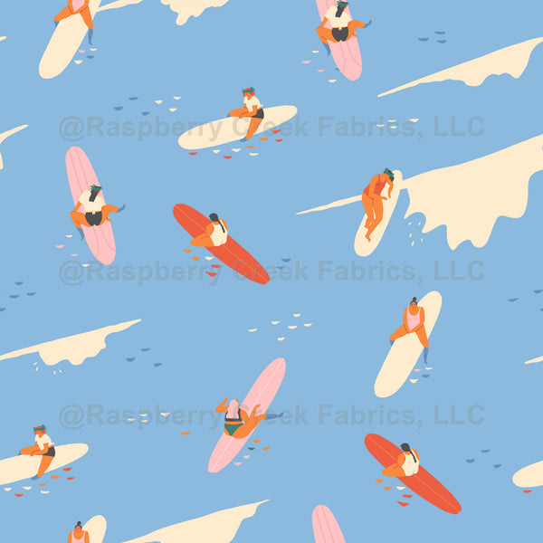 Hawaiian Surfers in baby blue - Raspberry Creek Fabrics