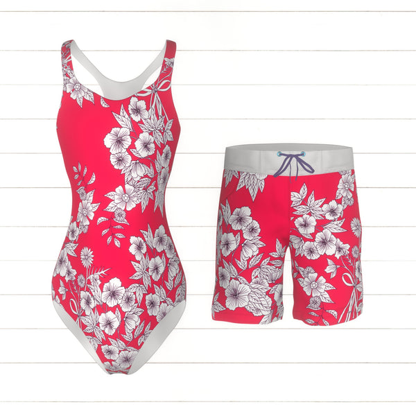 Bright red line work floral - Raspberry Creek Fabrics