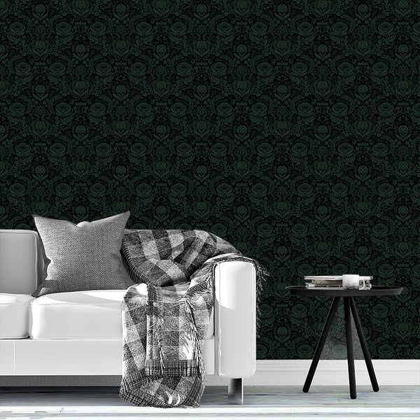 Victorian Floral Damask - black green Wallpaper - Raspberry Creek Fabrics