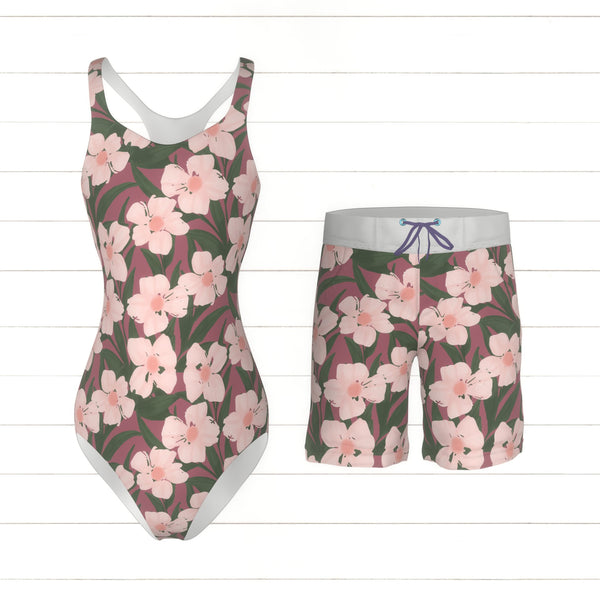 Light pink flowers jungle floral on a deep rose, deep pink color backg ...