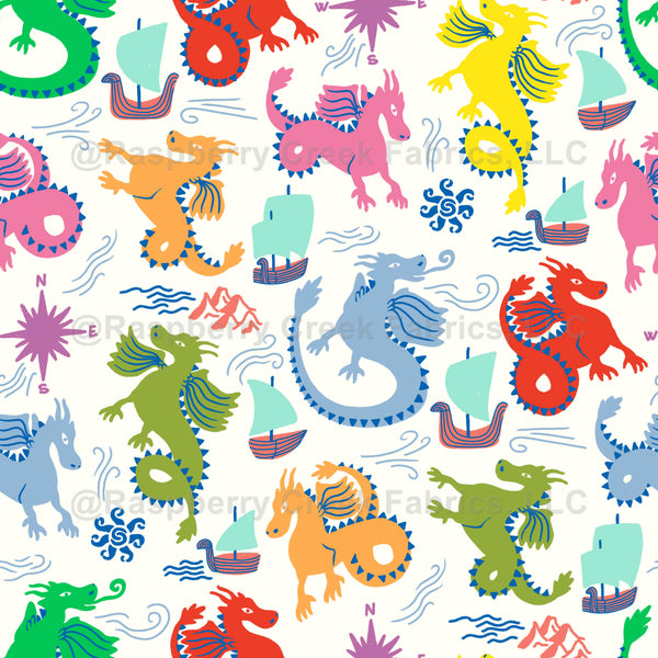 Rainbow dragons for kids (on white) - Raspberry Creek Fabrics