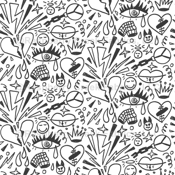 Punk rock black and white doodles - Raspberry Creek Fabrics