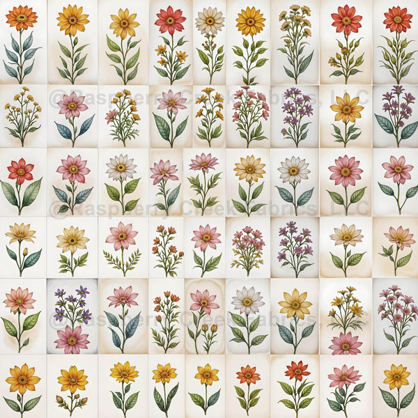 Botanical grid featuring various flowers in different colors ...