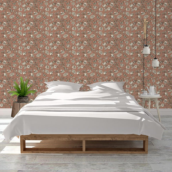 Roses in bloom - a trailing floral with roses and butterflies in mocha ...