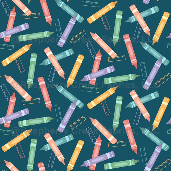 Colourful Crayons And Rulers Back To School Design On Blue - Raspberry ...