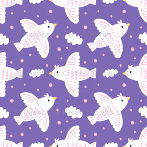 cute white bird sky purple background - Raspberry Creek Fabrics