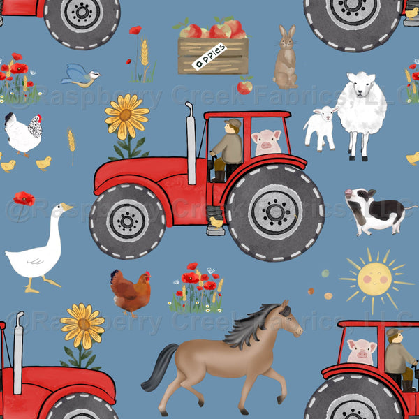 Colourful farm design featuring a red tractor and farmyard animals on ...
