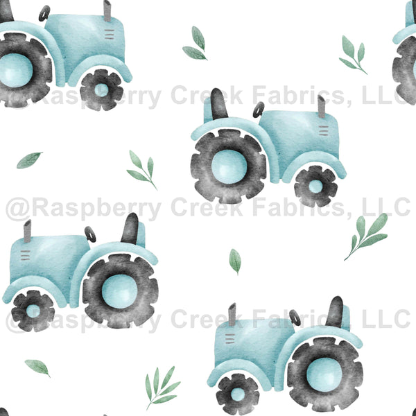 Blue Watercolor Tractors on a White background - Raspberry Creek Fabrics