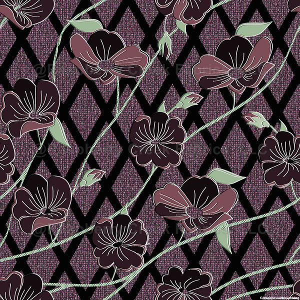 Morning Glory Flowers on Trellis Maroon Fabric - Raspberry Creek Fabrics